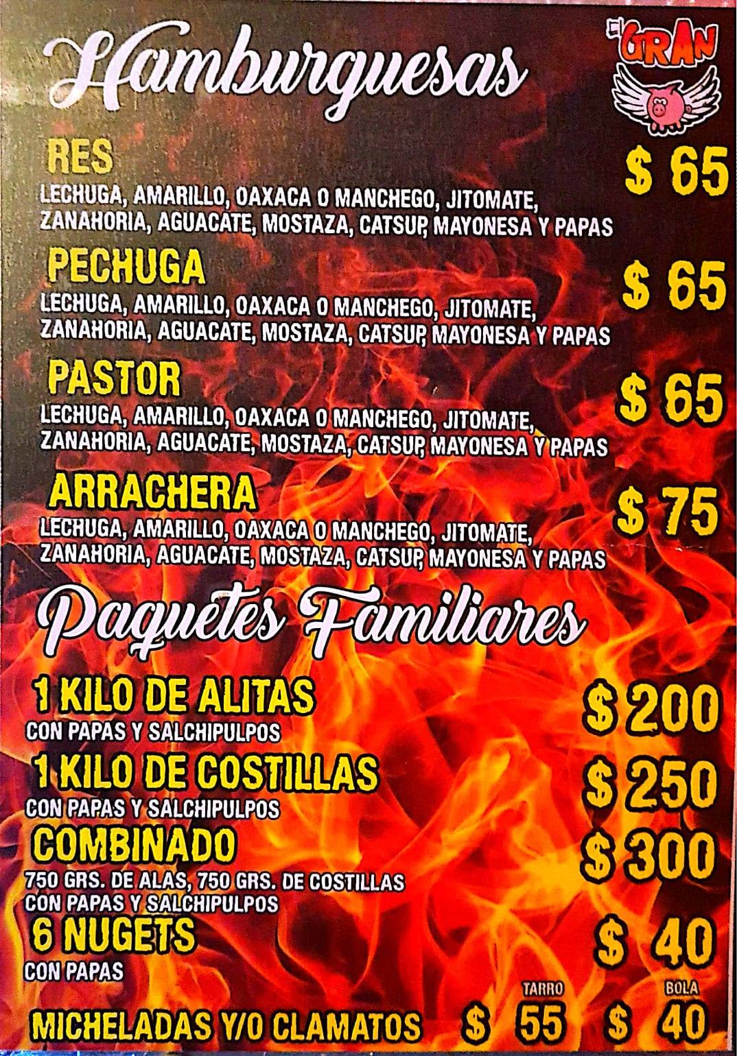 Carta del restaurante El Gran Puerco con Alas, Tizayuca