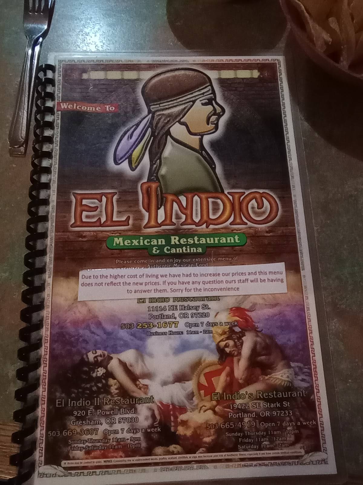 Menu at El Indio Mexican Restaurant, Portland, SE Stark St