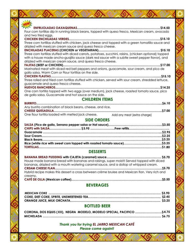 Carta de El Jarro Mexican Cafe, Lafayette