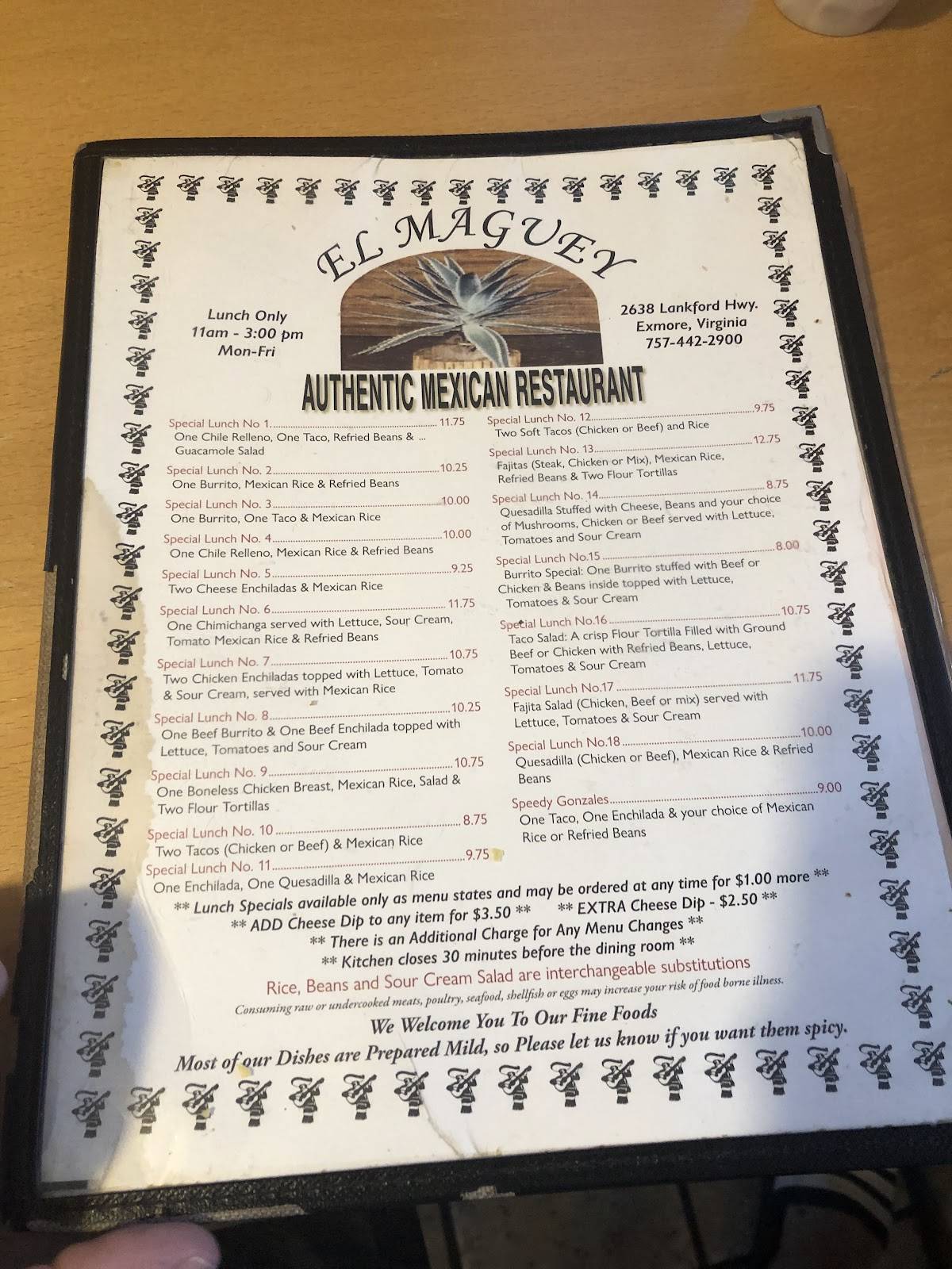 Menu at El Maguey Mexican Restaurant, Exmore