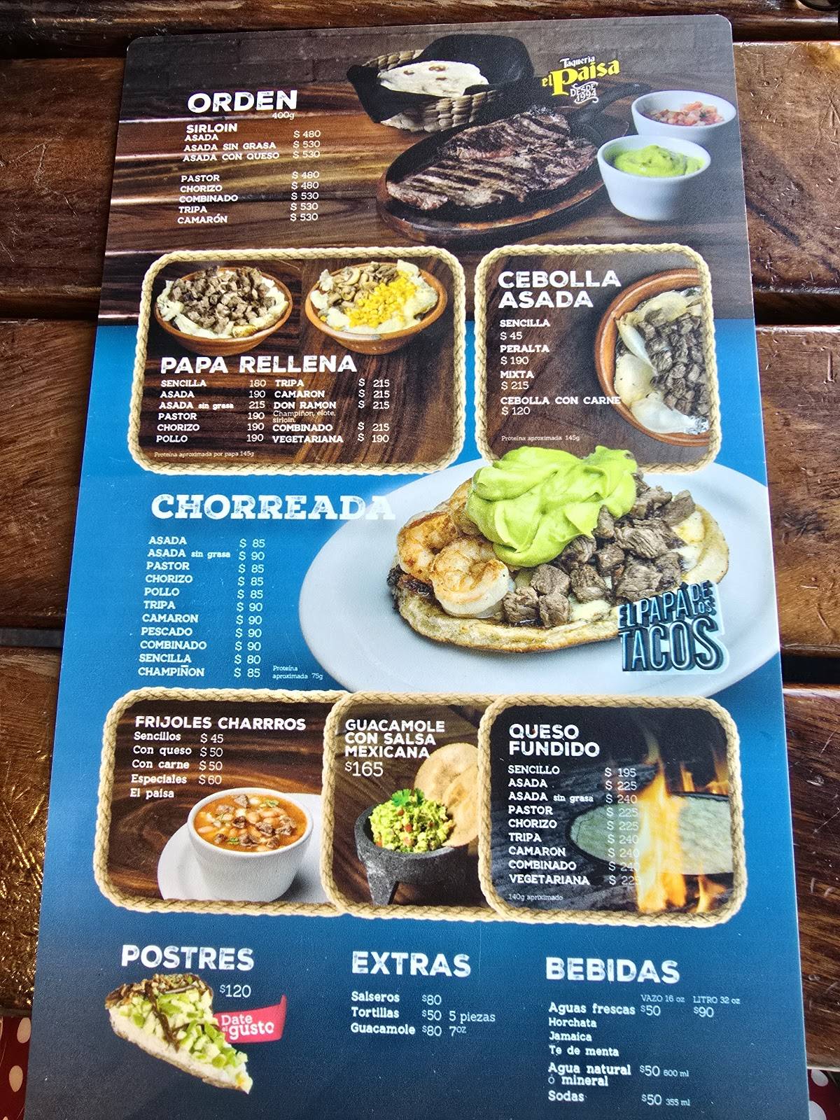 Menu at El Paisa restaurant, Cabo San Lucas, Blvd. Lázaro Cárdenas