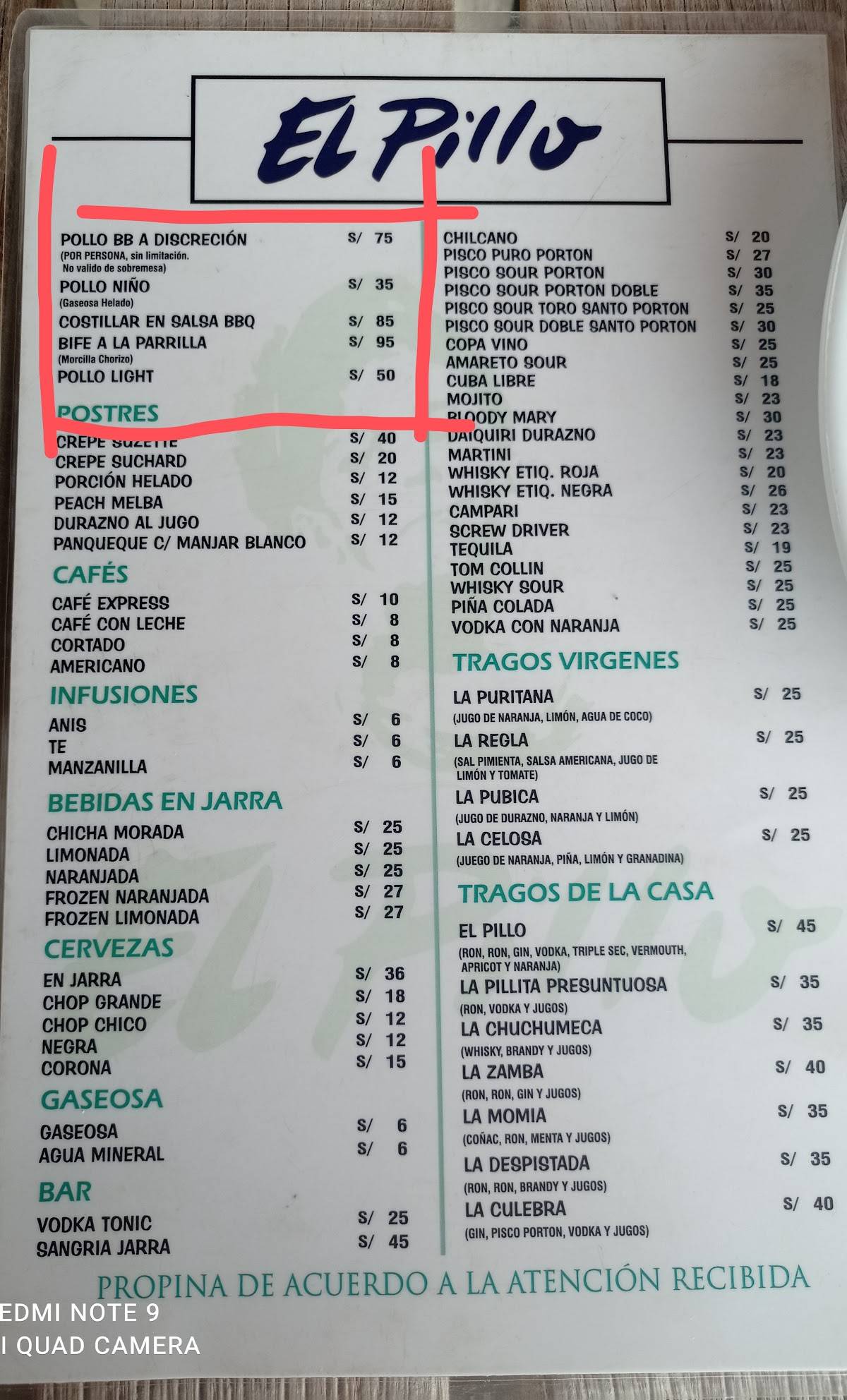 Carta de El Pillo Restaurante Campestre, Ate, X47C+2F5