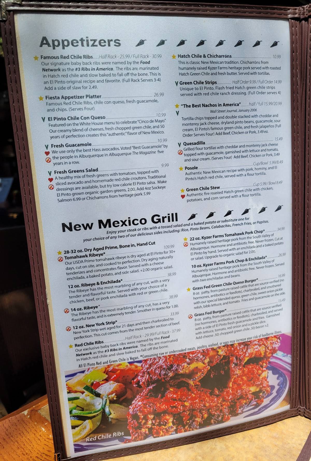 Menu at El Pinto Restaurant, Albuquerque, 4th St NW