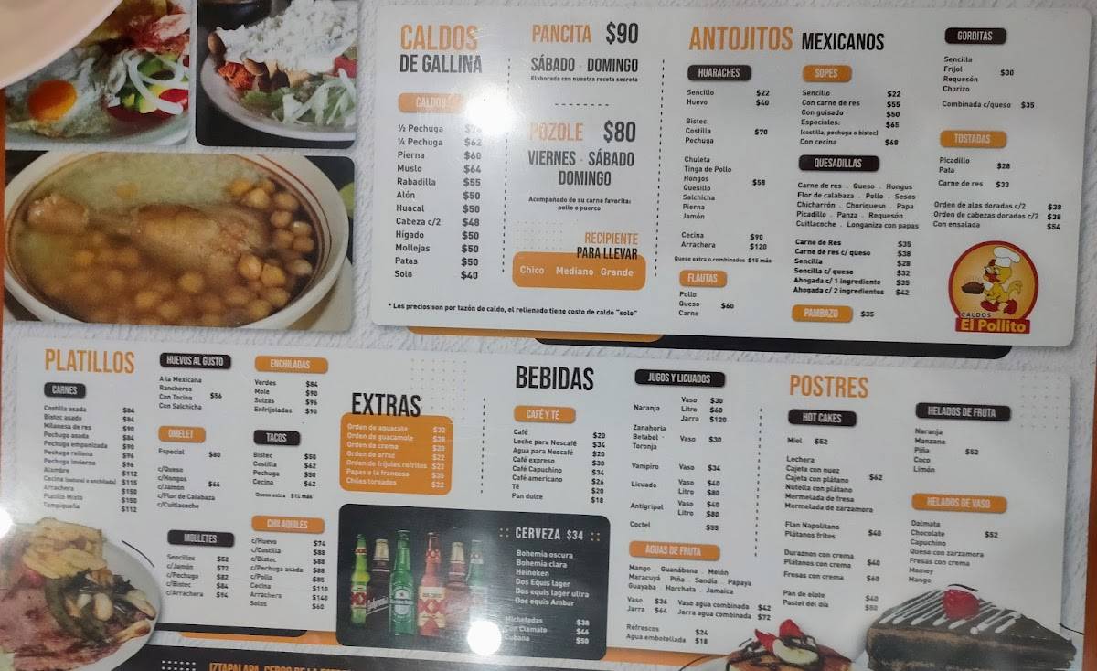 Carta del restaurante El Pollito, Ciudad del México, Lebrija esquina con