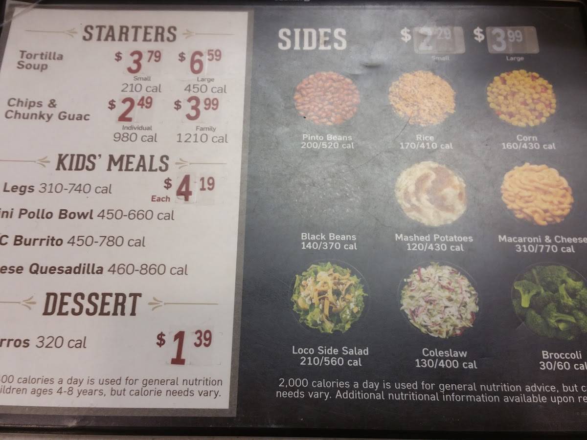 Menu at El Pollo Loco fast food, Los Angeles, Winnetka Ave