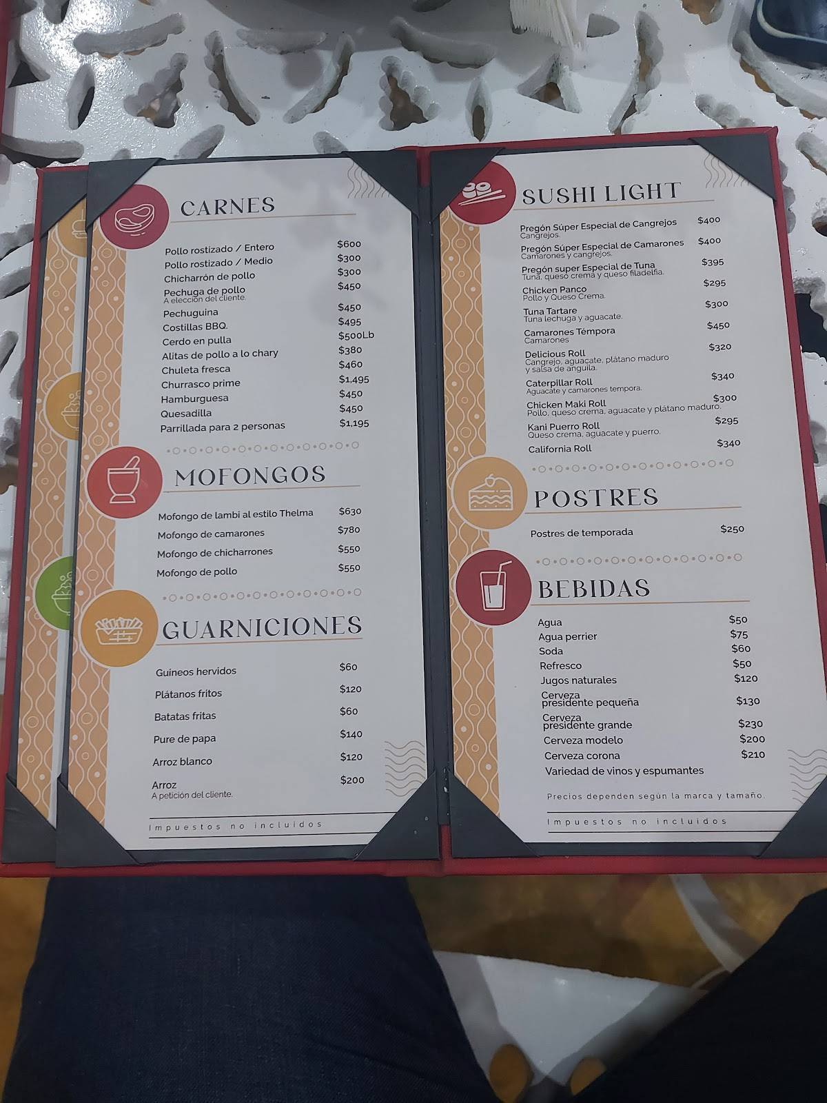 Carta del restaurante El Pregón del Thelma, Jarabacoa