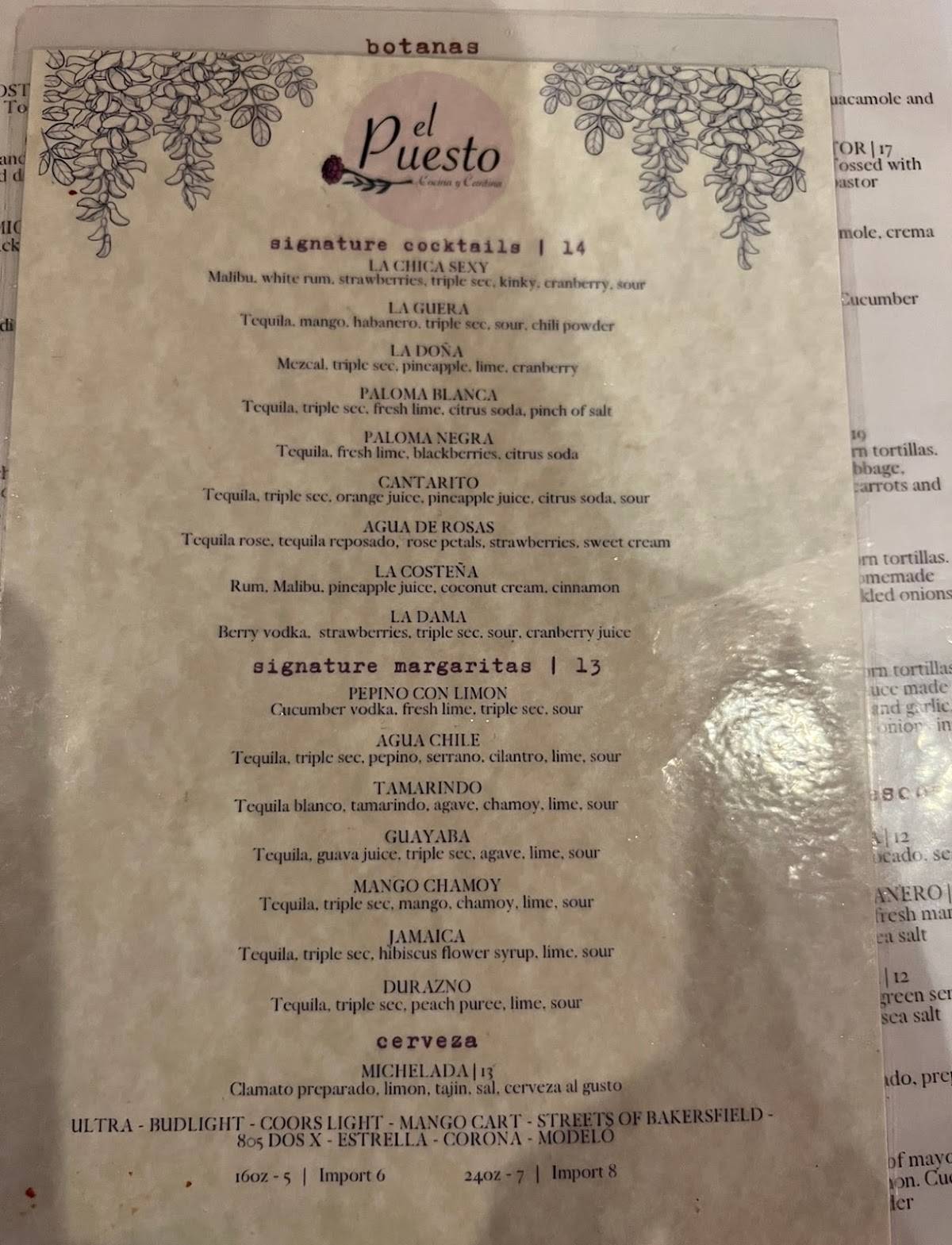 Menu at El Puesto Cocina y Cantina pub & bar, Bakersfield