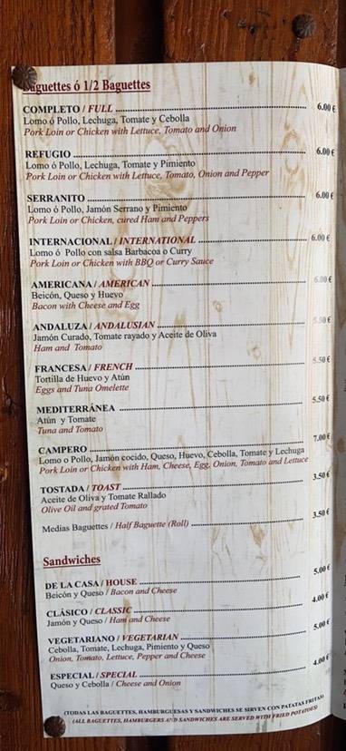 Menu at Bar El Refugio, Castillo de la Duquesa