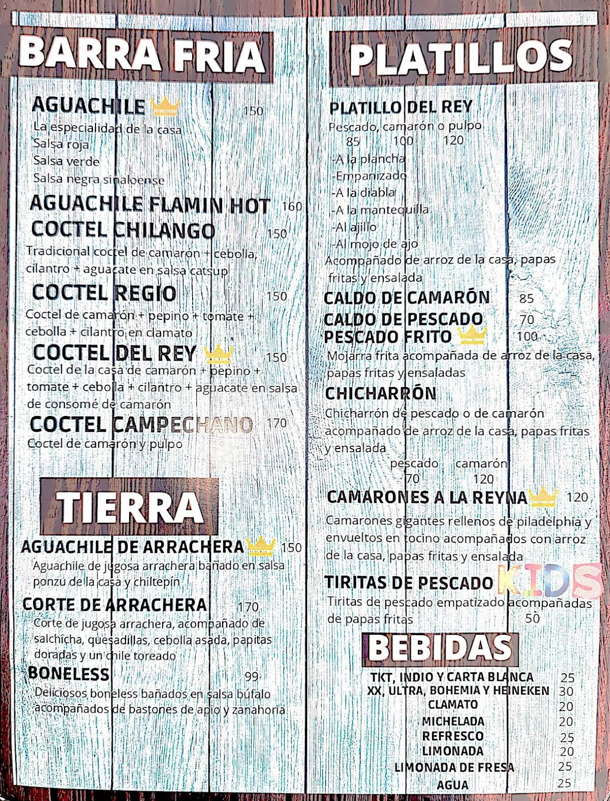 Carta del restaurante El Rey cocina del mar, Saltillo