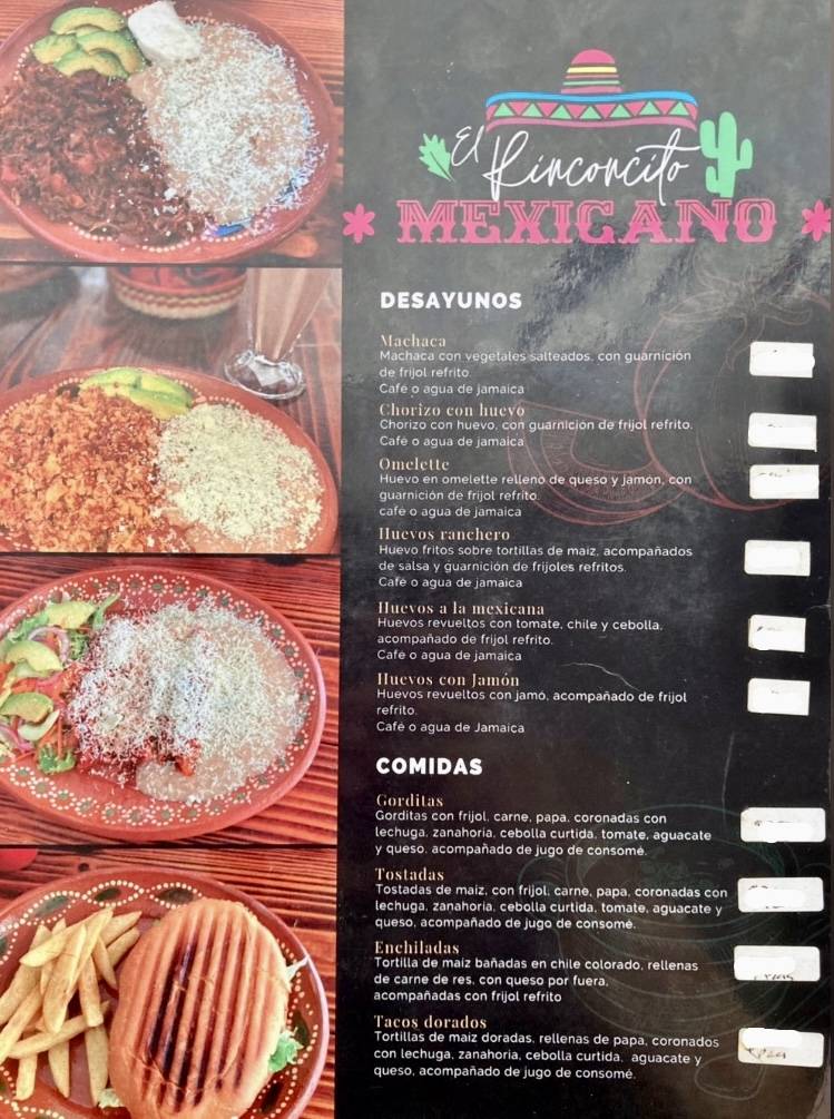 Menu at El Rinconcito Mexicano restaurant, Culiacán