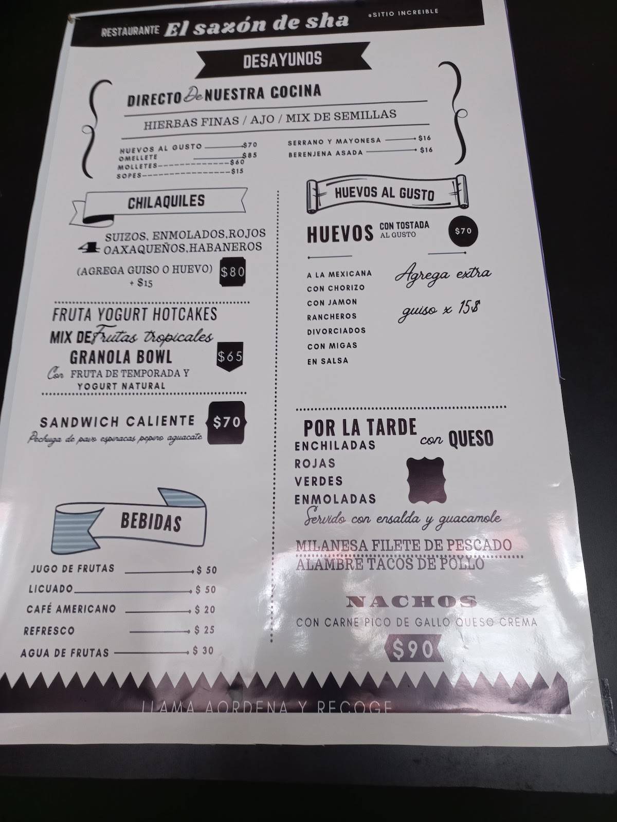 Menu at Sha’s Cuisine restaurant, Torreón