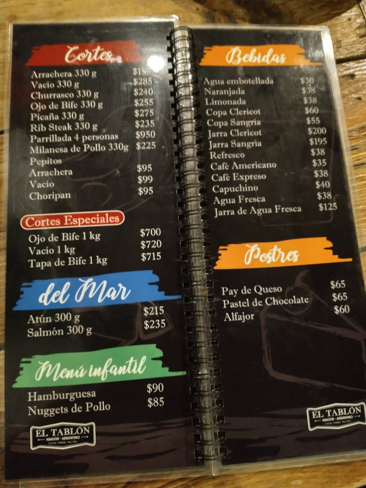Carta de El Tablón - Restaurant Argentino, Guadalajara