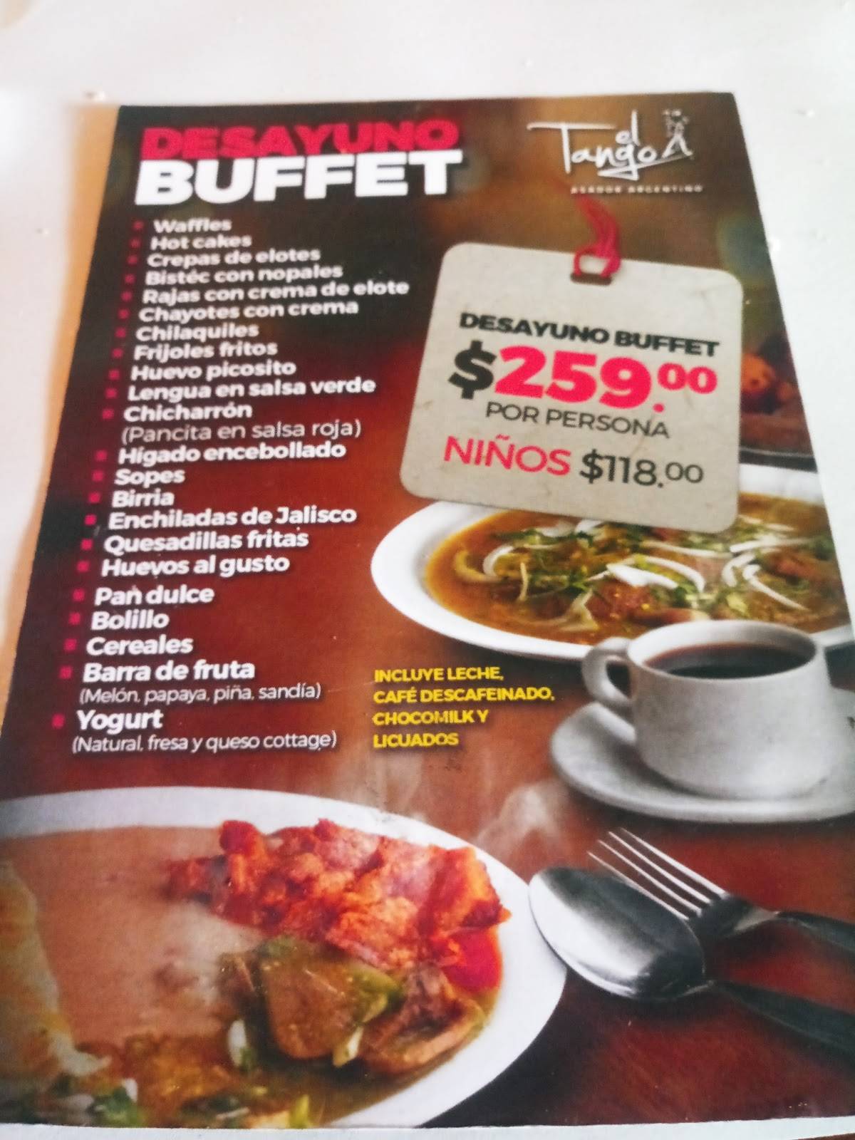 Carta del restaurante El Tango, Zapopan