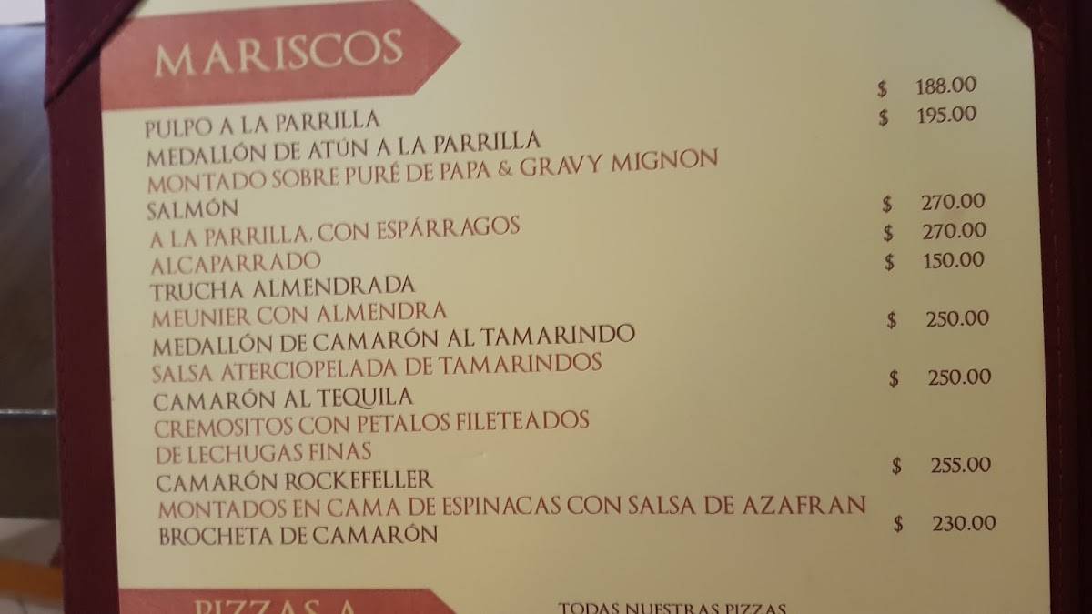 Carta del restaurante El Tango, Zapopan
