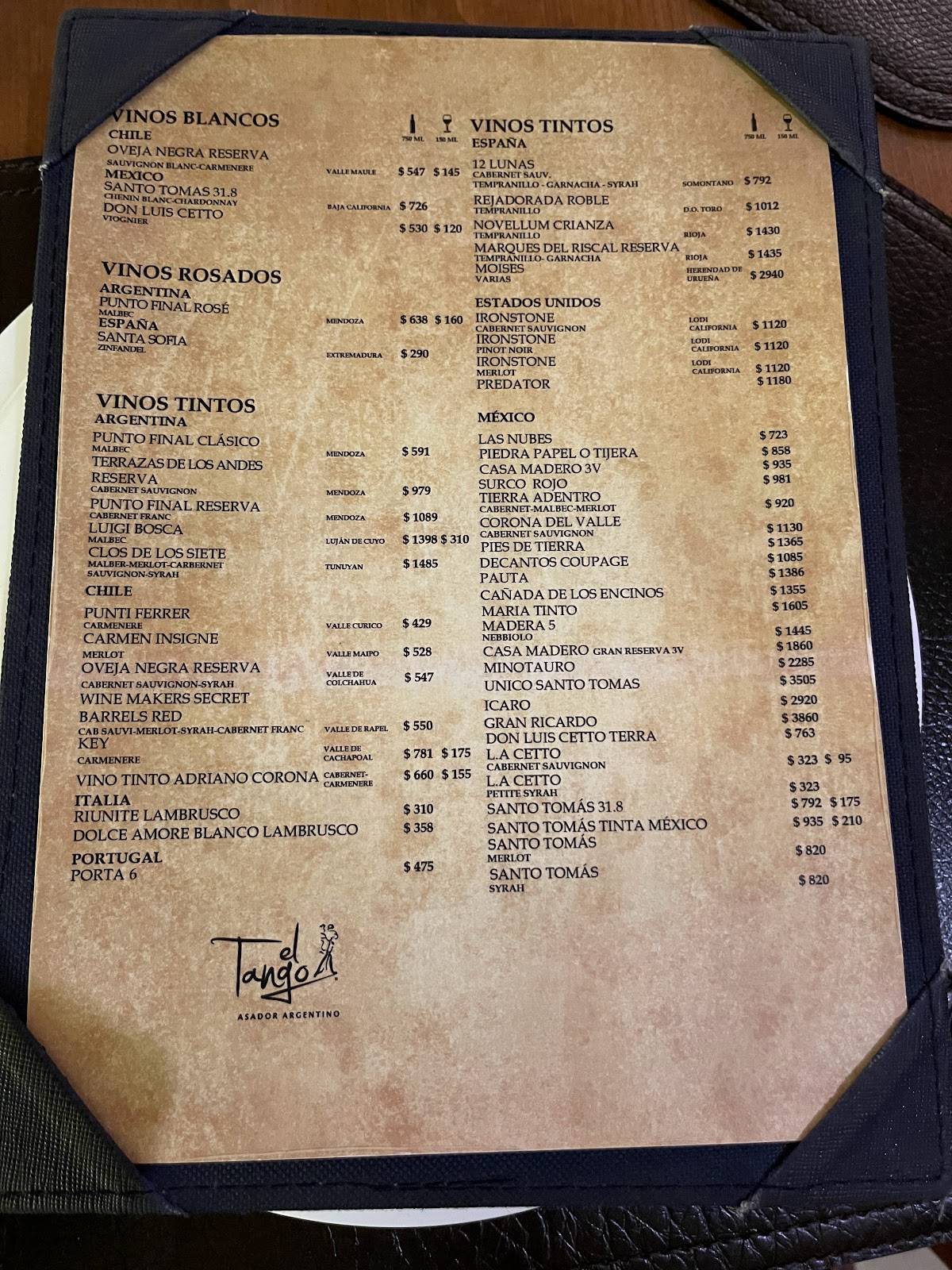 Carta del restaurante El Tango, Zapopan