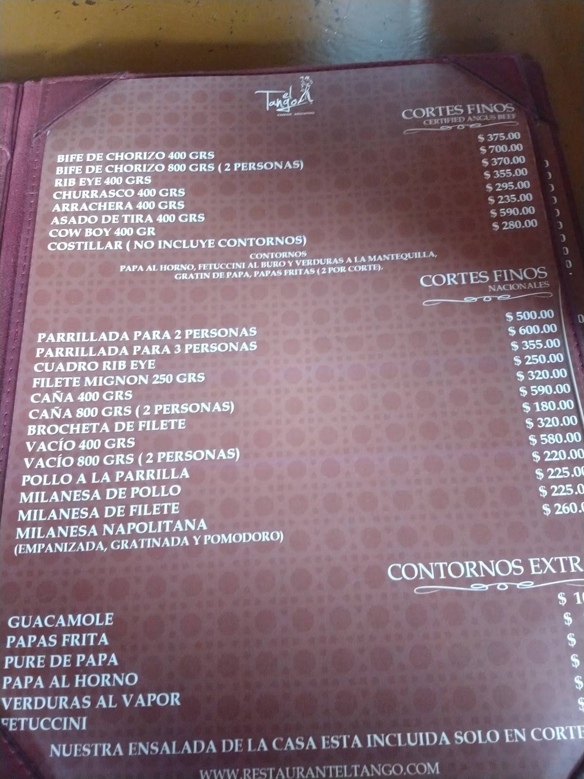 Carta del restaurante El Tango, Zapopan