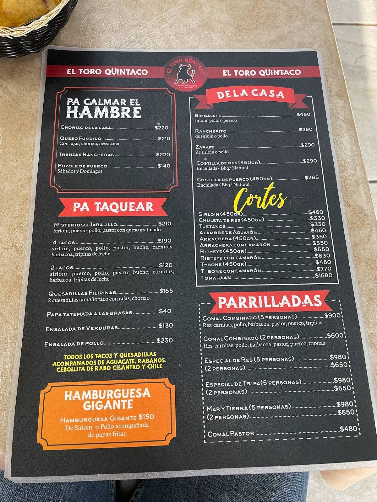 Carta del restaurante El Toro QuintacoJr, Ciudad Juarez, Av. P.º del la ...