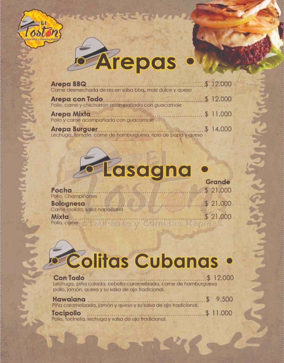 Carta de El Tostón Restaurante y Pizzeria, Palmira