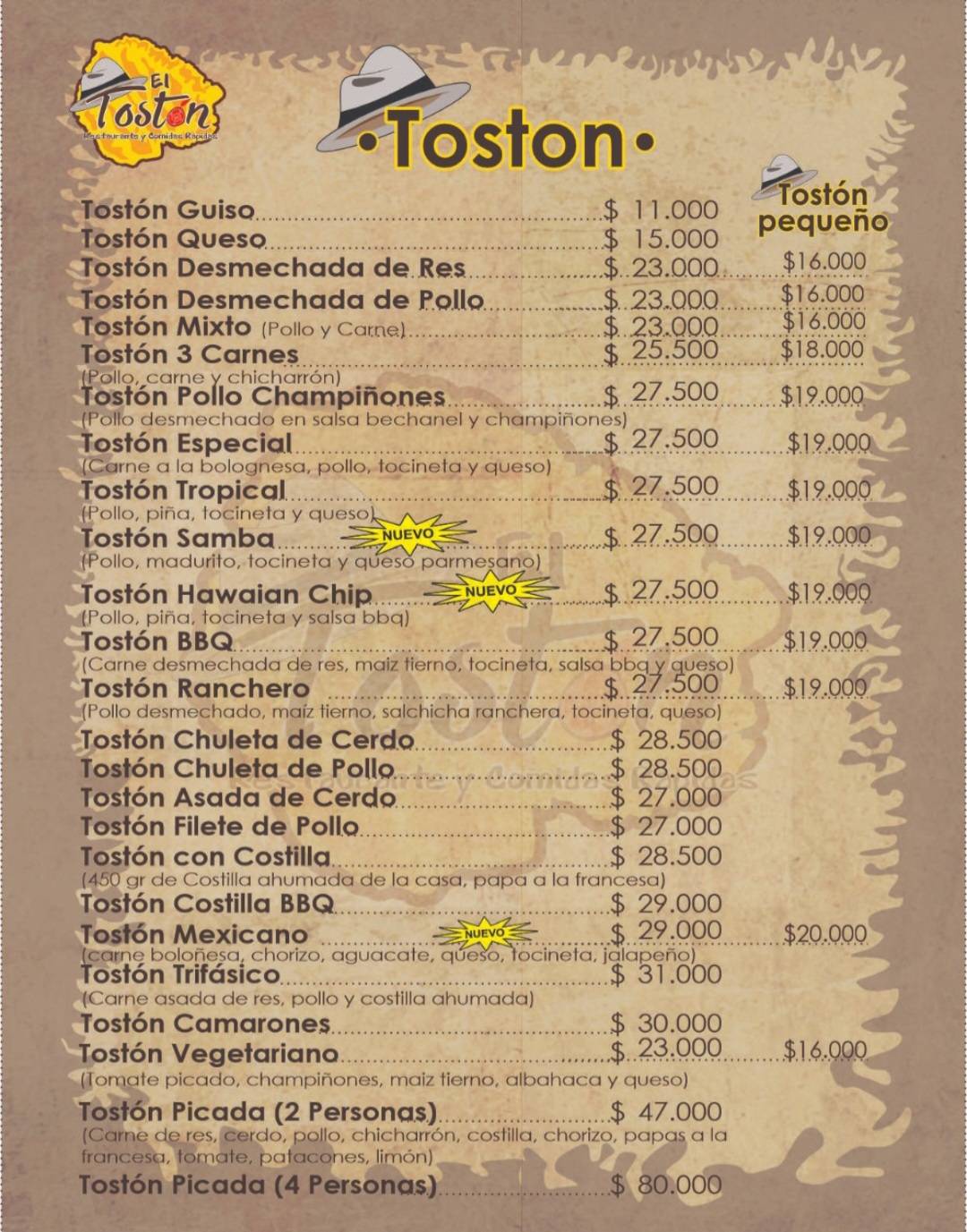 Carta de El Tostón Restaurante y Pizzeria, Palmira