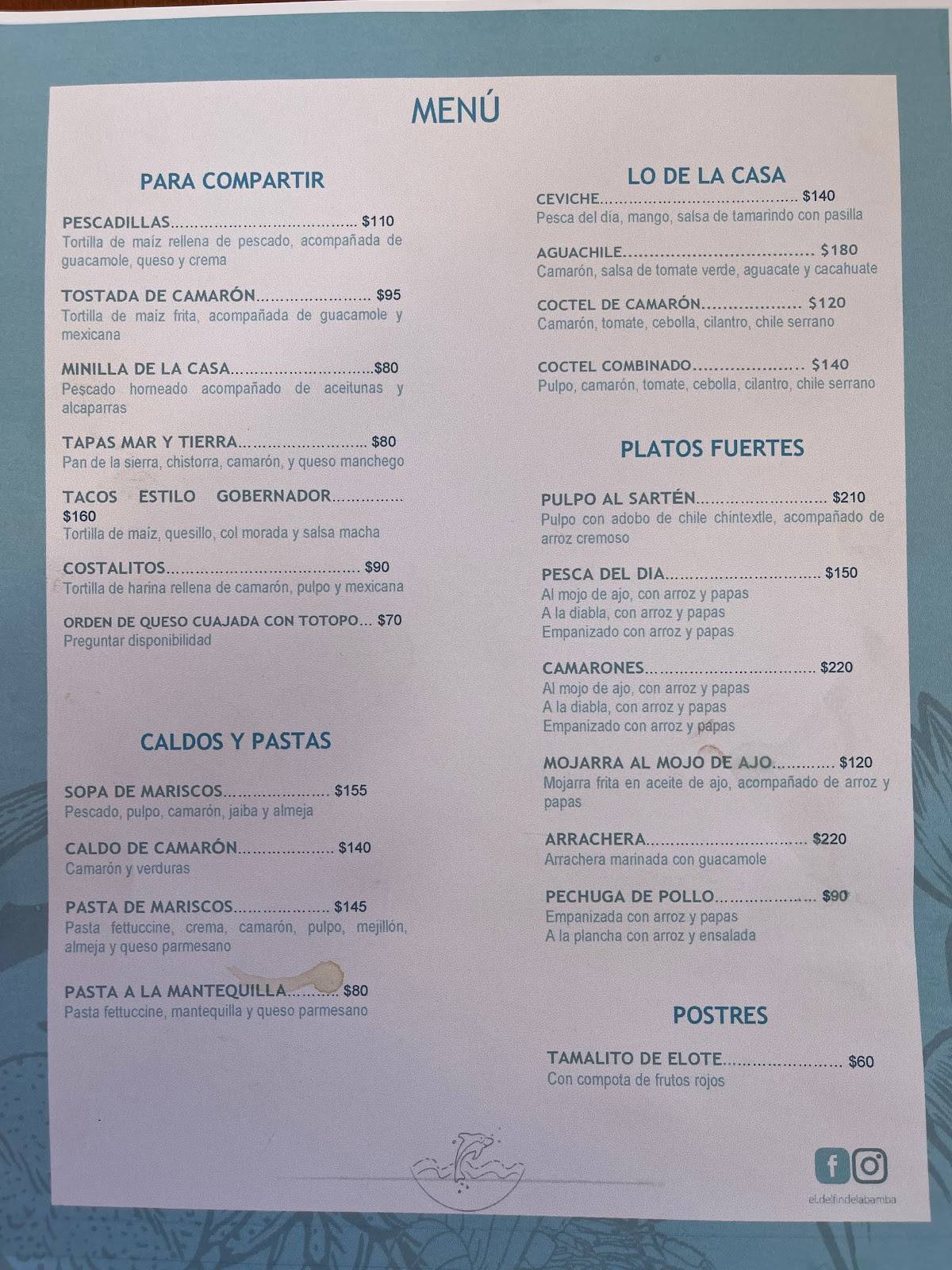 Menu at El delfin de la bamba restaurant, Oaxaca