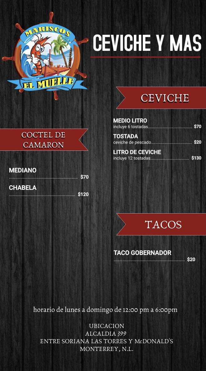 Menu at El muelle ceviche y más restaurant, Monterrey