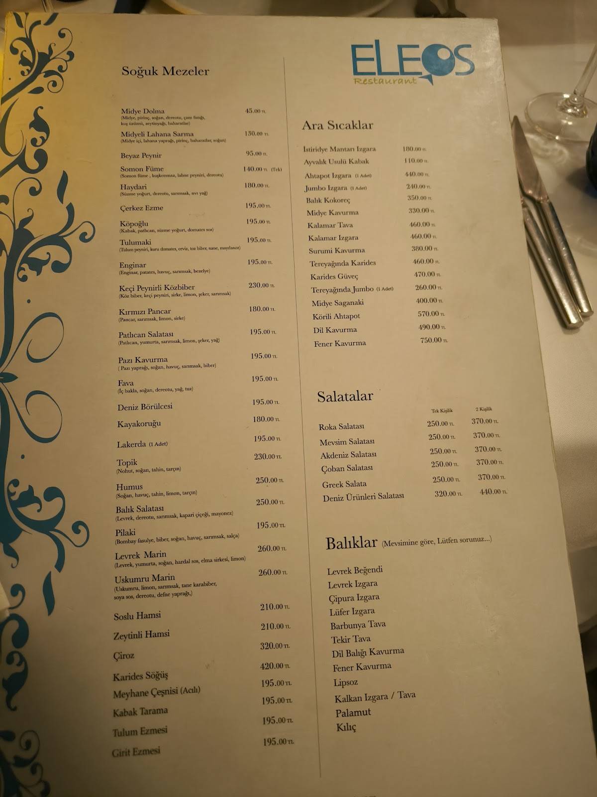 Menu at Eleos Restaurant, Istanbul, İstiklal Cd. No:231