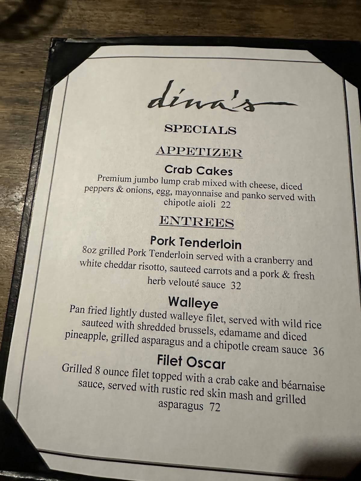 Menu at Dina's restaurant, Ellicottville