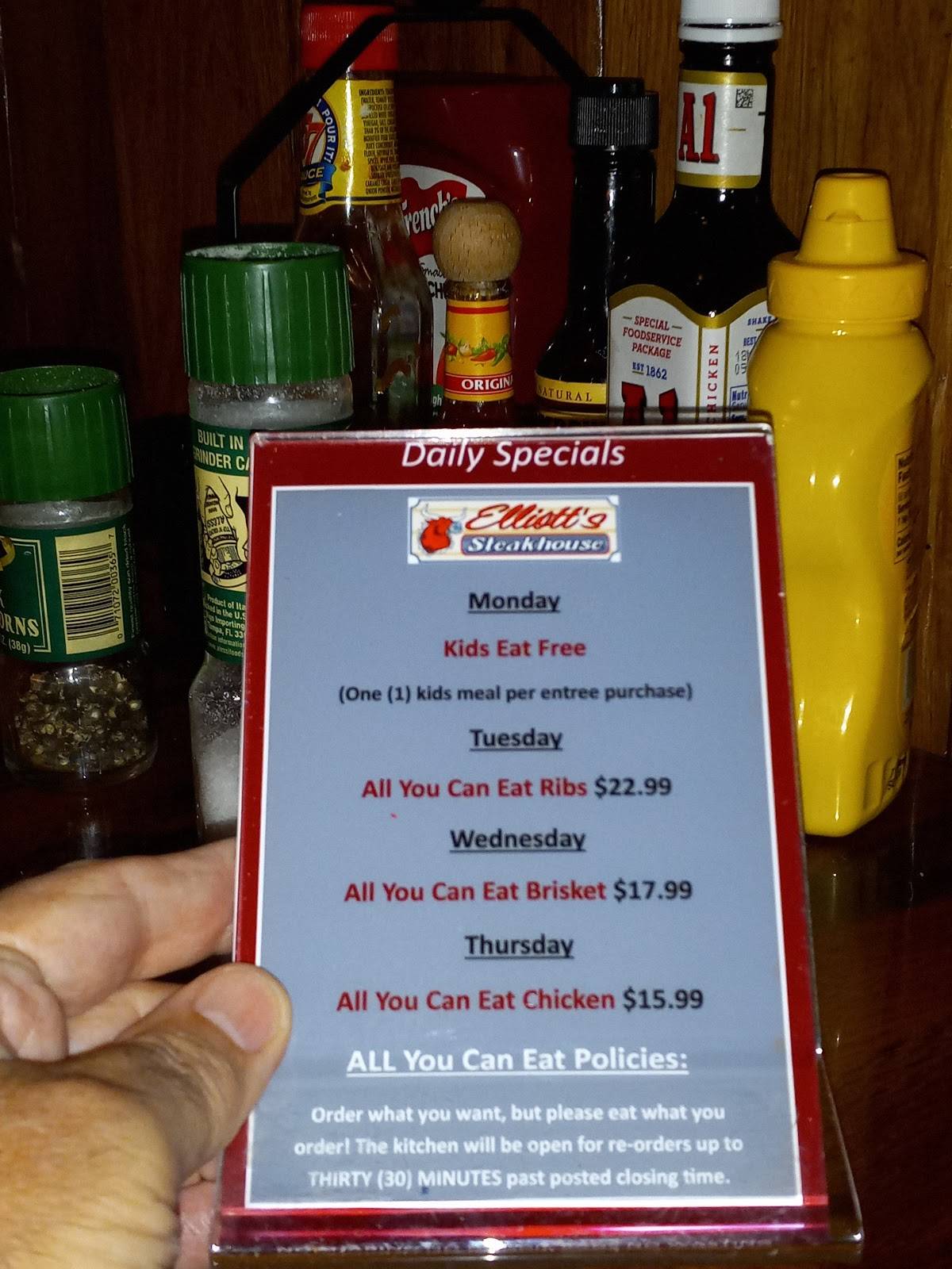 Menu at Elliott's Roadside Grill steakhouse, Edgewater