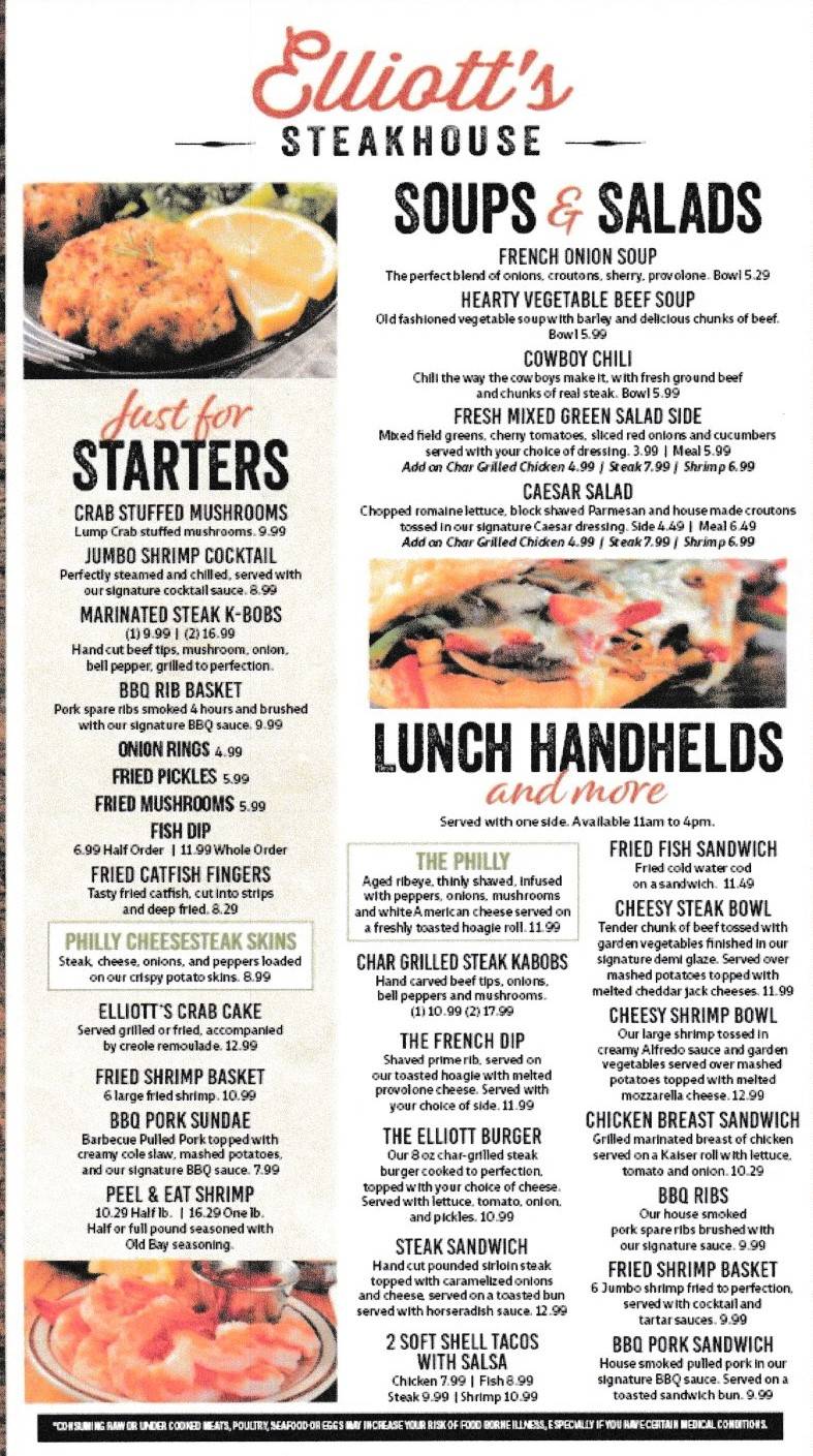 Menu at Elliott's Roadside Grill steakhouse, Edgewater