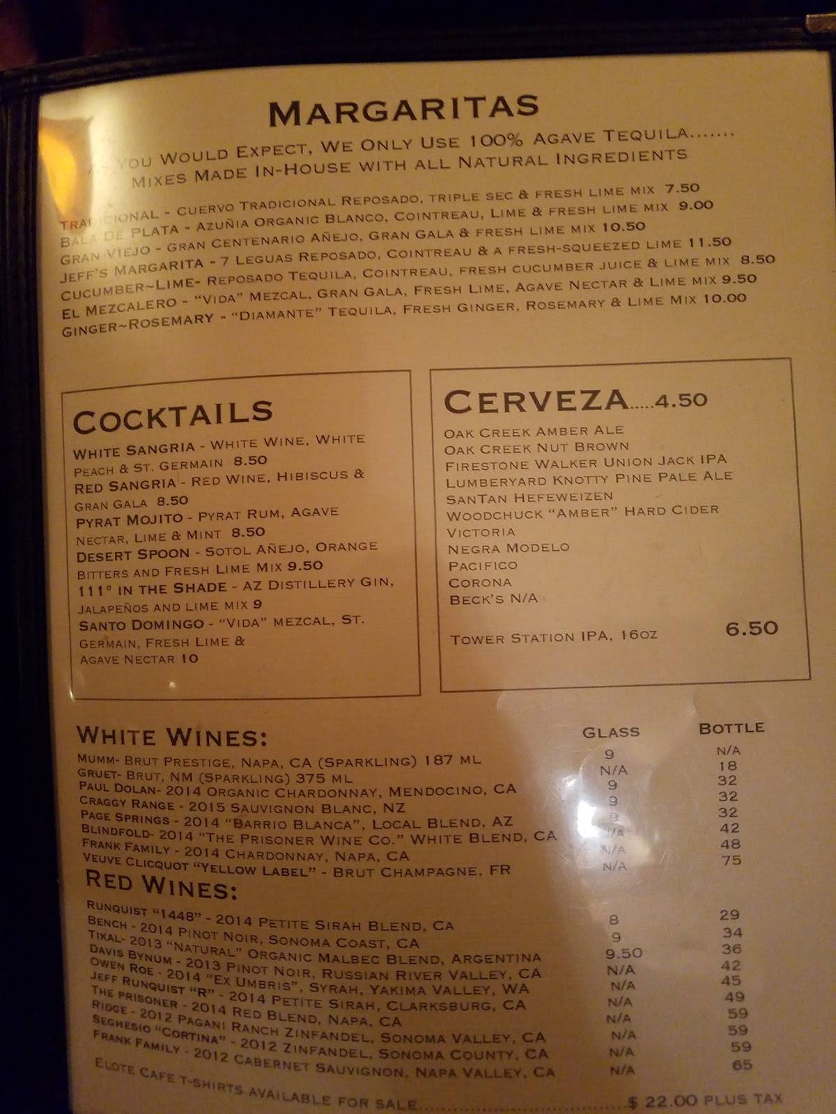 Menu at Elote Cafe, Sedona