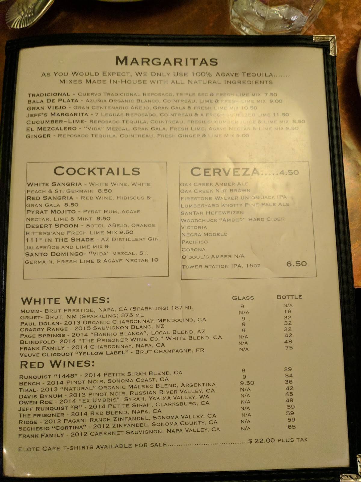 Menu at Elote Cafe, Sedona