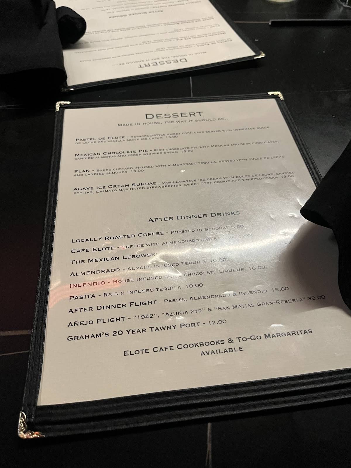 Menu at Elote Cafe, Sedona, 350 Jordan Rd