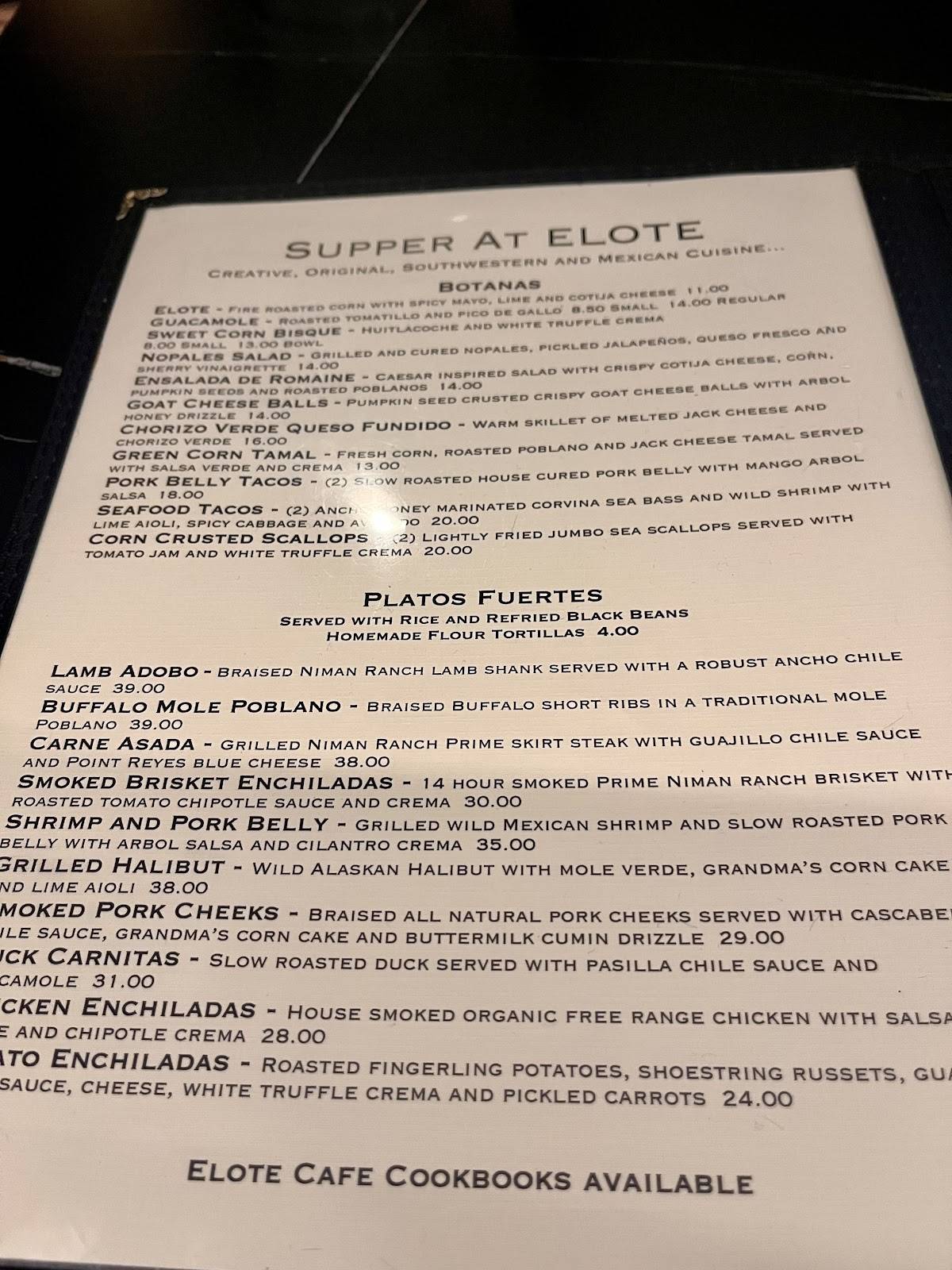 Menu at Elote Cafe, Sedona, 350 Jordan Rd