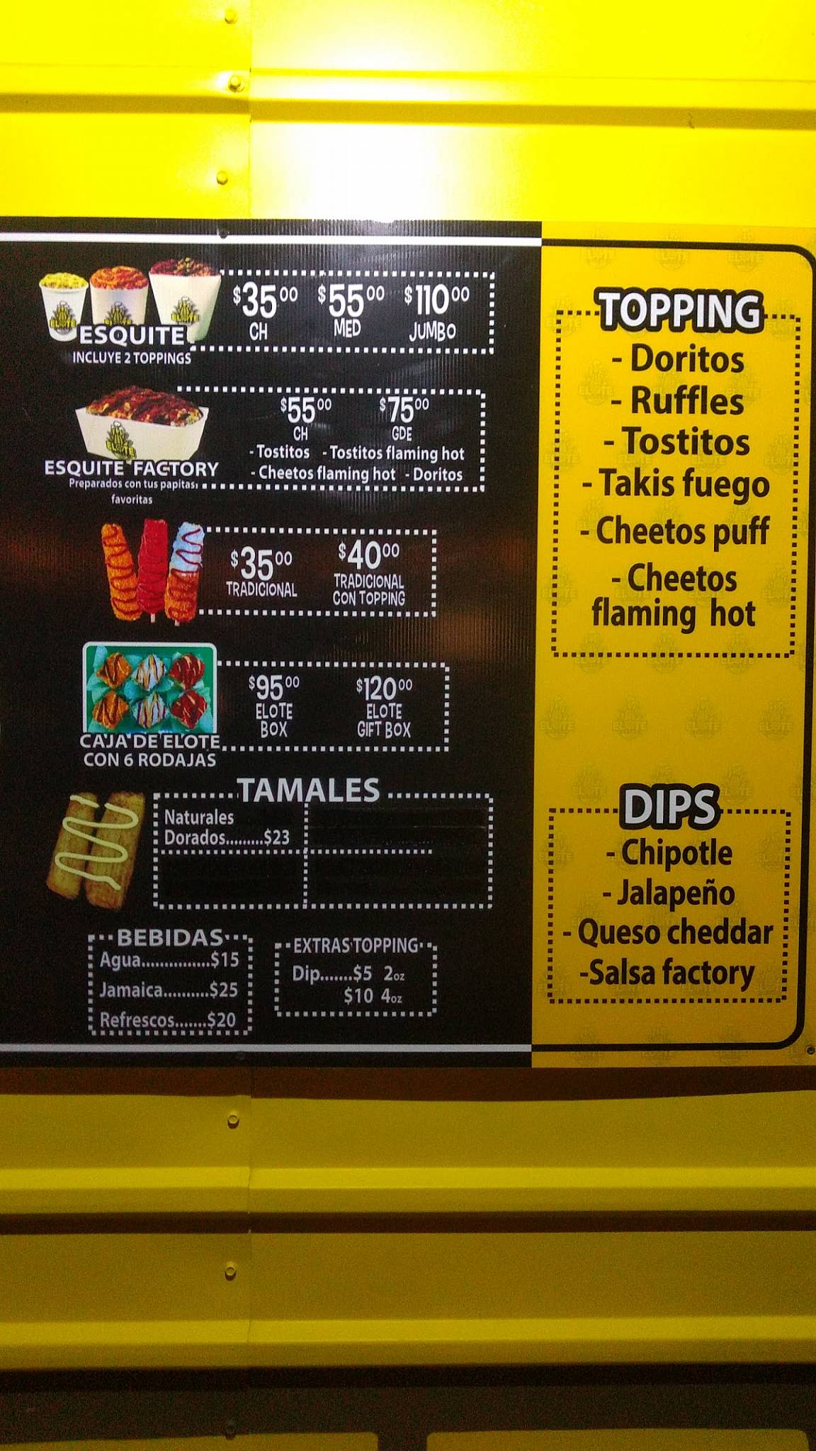 Carta del restaurante Elote Factory, Mexicali