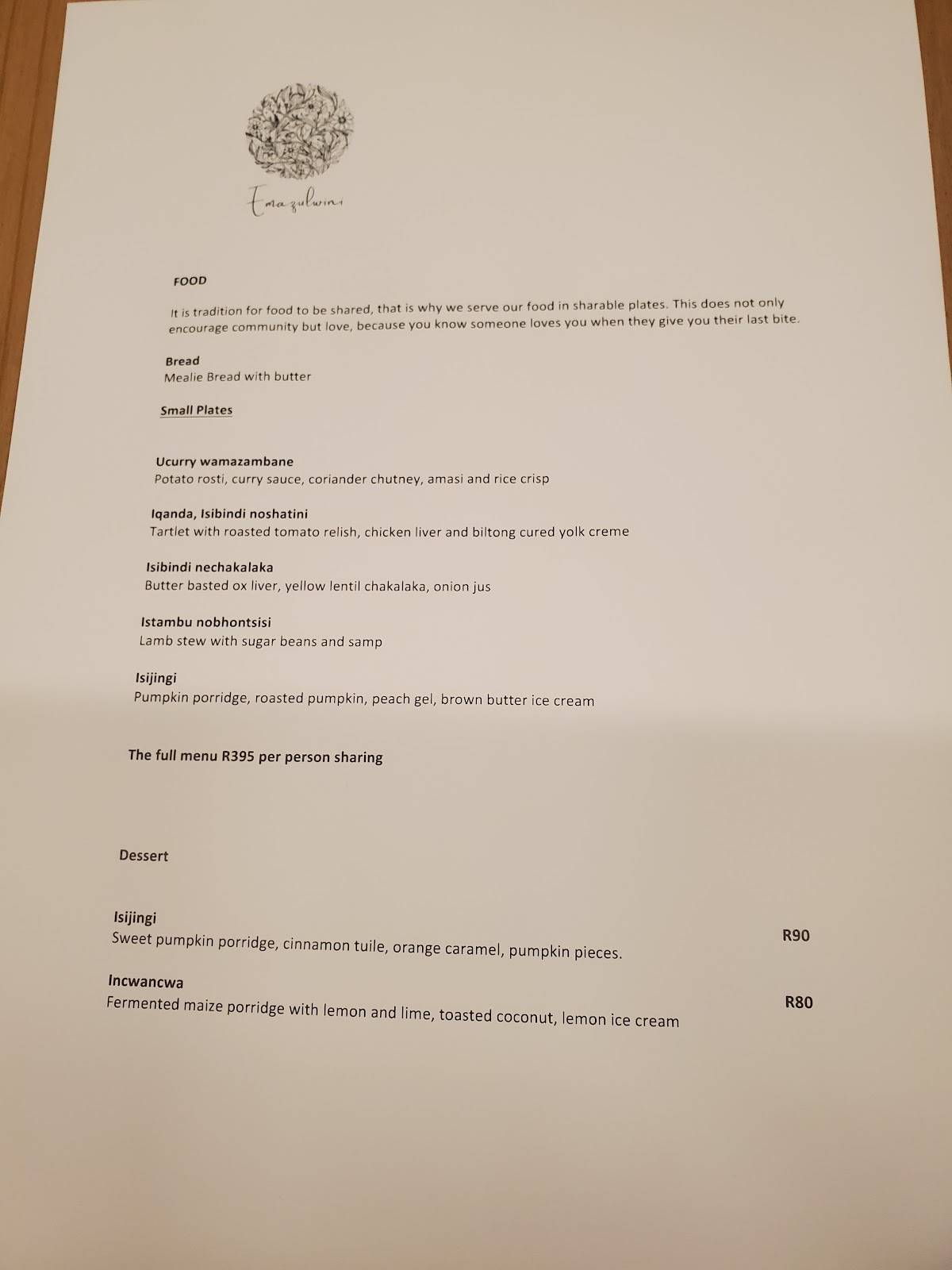 Menu at Emazulwini Restaurant, Cape Town