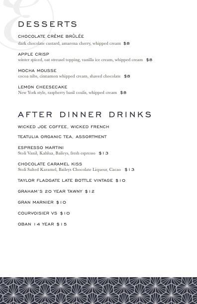 Menu at Embark, Brunswick