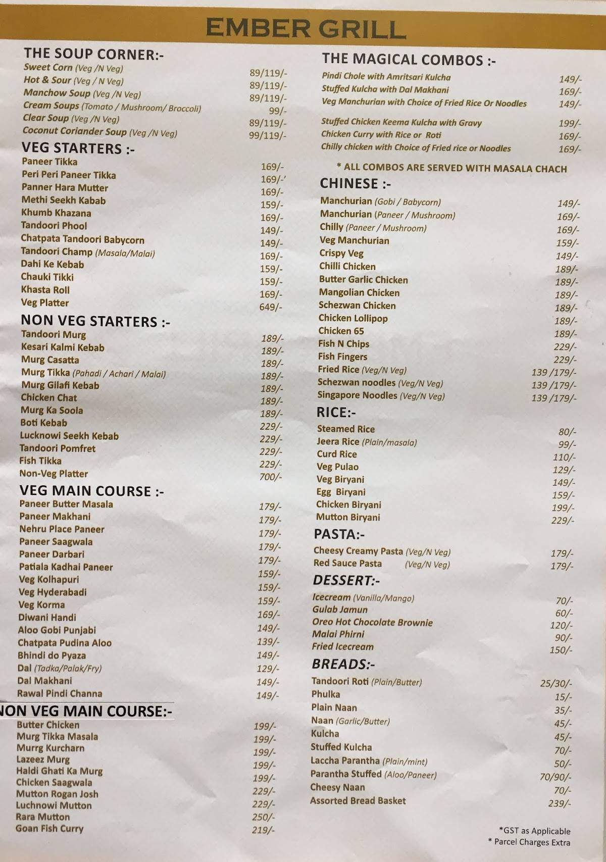 Menu at Ember Grill, Bengaluru, bus stop