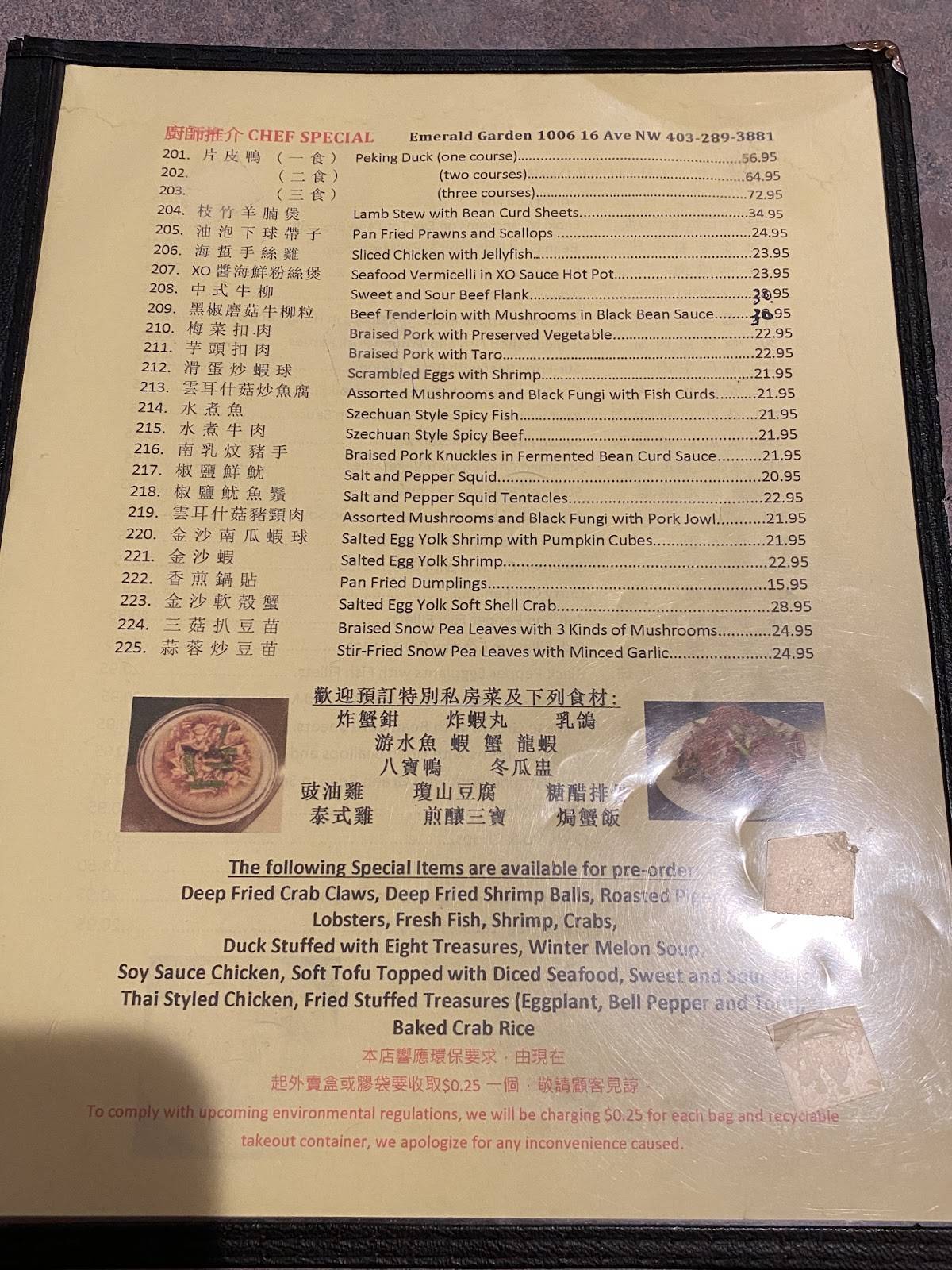 Menu at Emerald Garden restaurant, Calgary