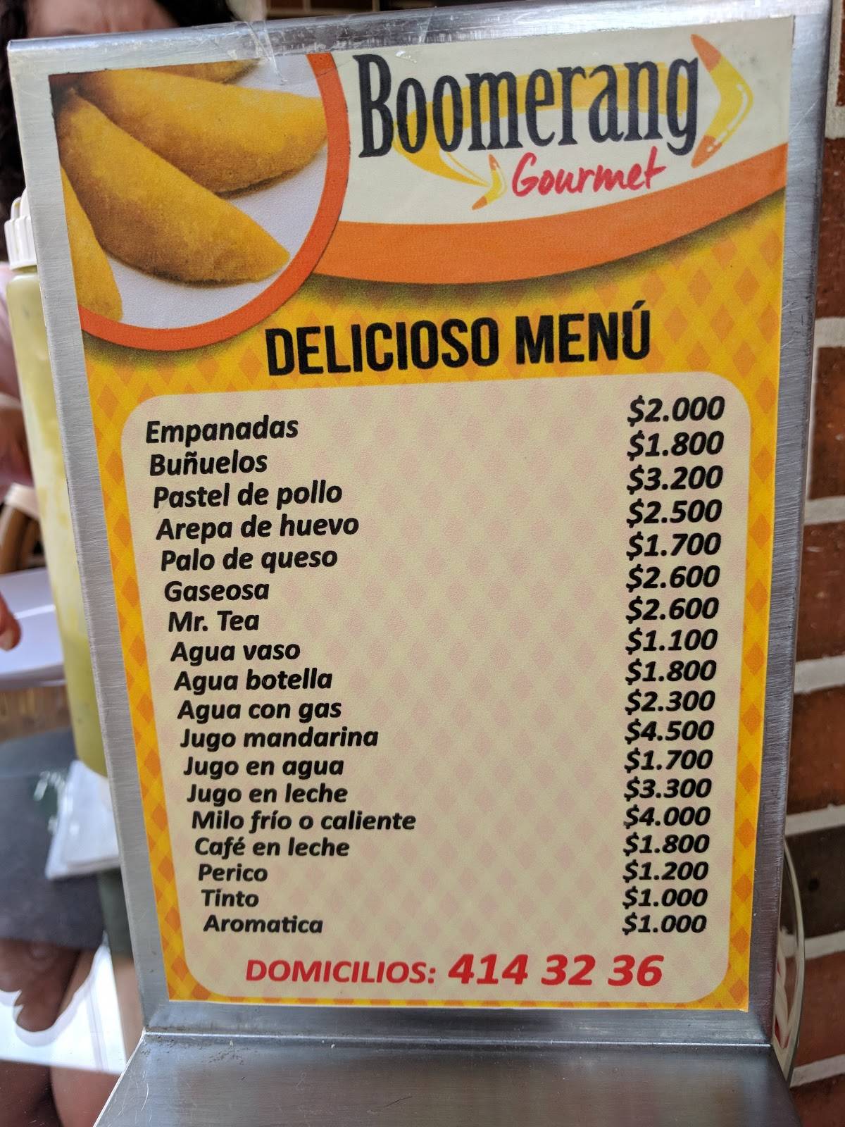 Menu at Empanadas Boomerang restaurant, Medellín