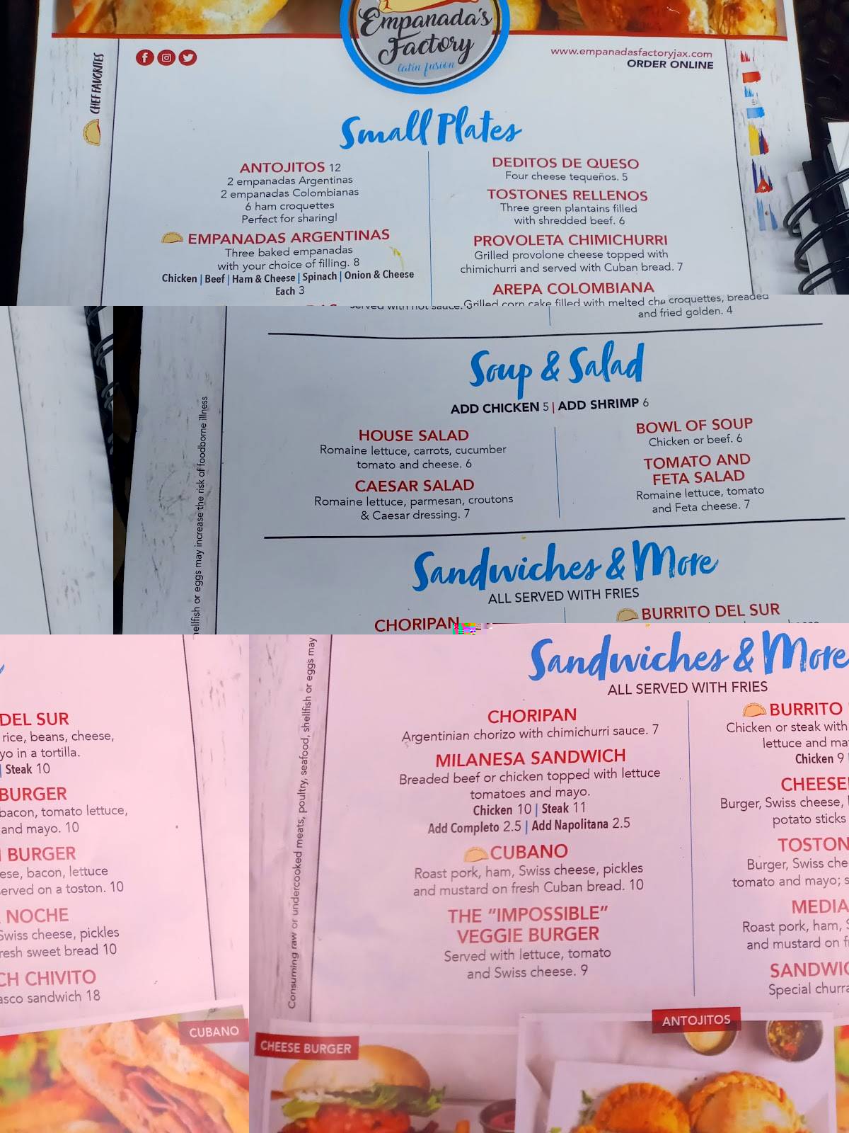 Menu at Empanada’s Factory Latin Fusion restaurant, Jacksonville