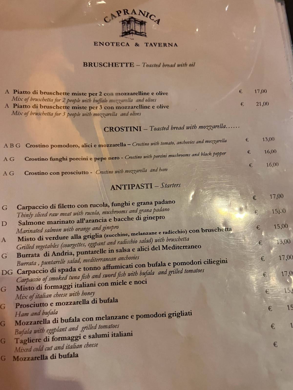 Menu at Enoteca e Taverna Capranica restaurant, Rome