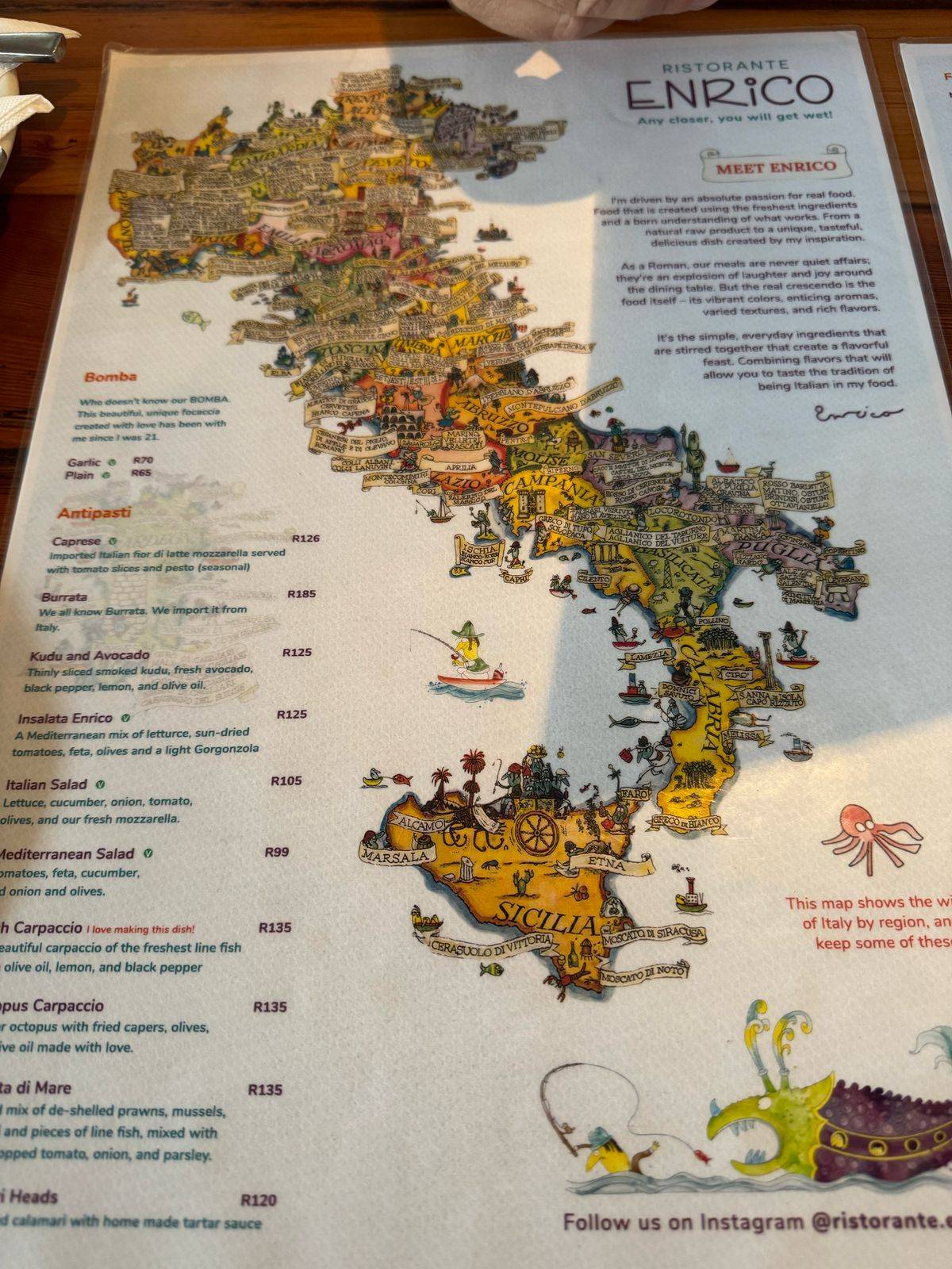 Menu at Enrico Ristorante restaurant, Keurboomstrand