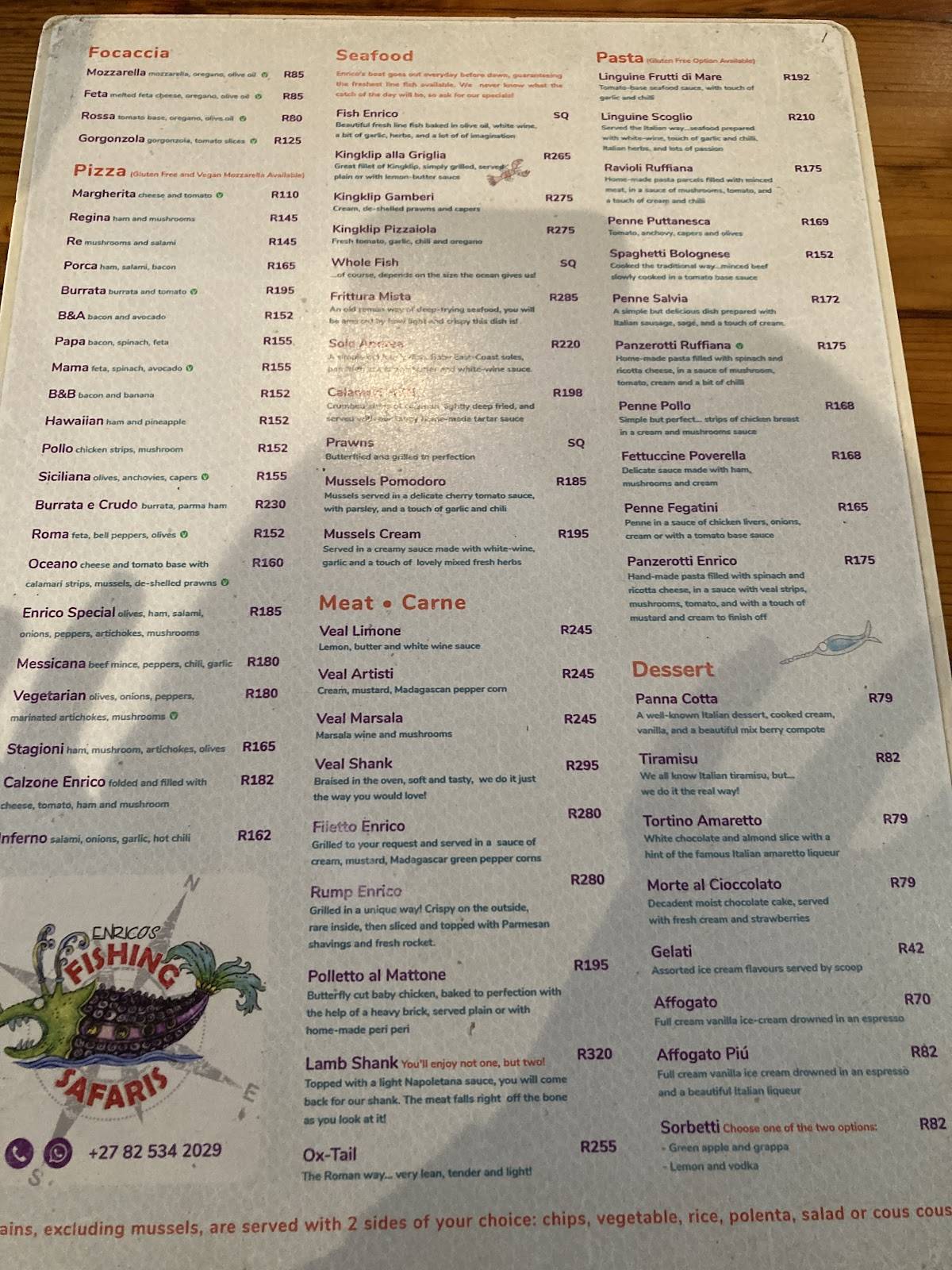 Menu at Enrico restaurant, Keurboomstrand