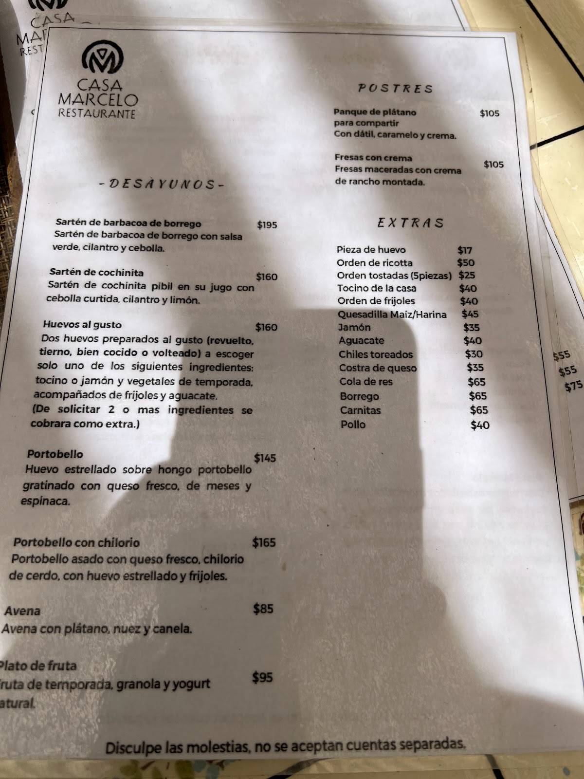 Carta del restaurante Casa Marcelo, Ensenada