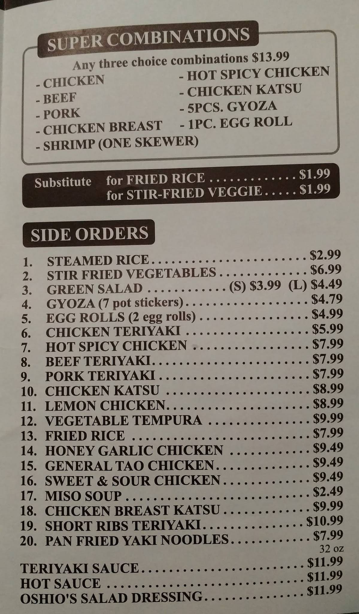 Menu at Oshio Teriyaki & Sushi restaurant, Enumclaw, 730 Griffin Ave