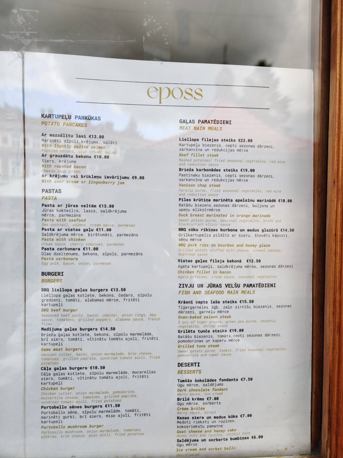 Menu at Eposs restaurant, Cēsis