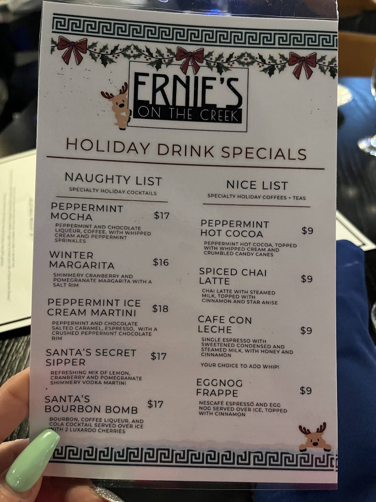 Menu at Ernie's On The Creek restaurant, Rochester