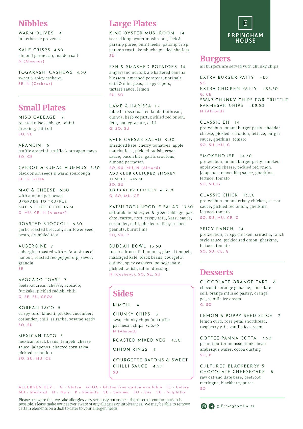 Menu at Erpingham House restaurant, Norwich