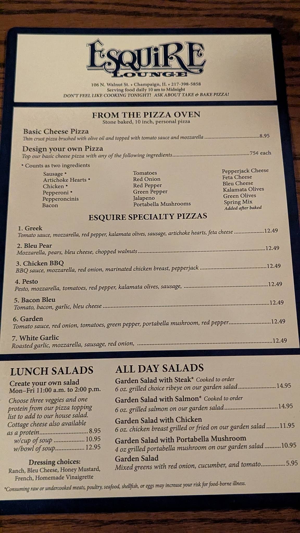 Menu at Esquire Lounge pizzeria, Champaign