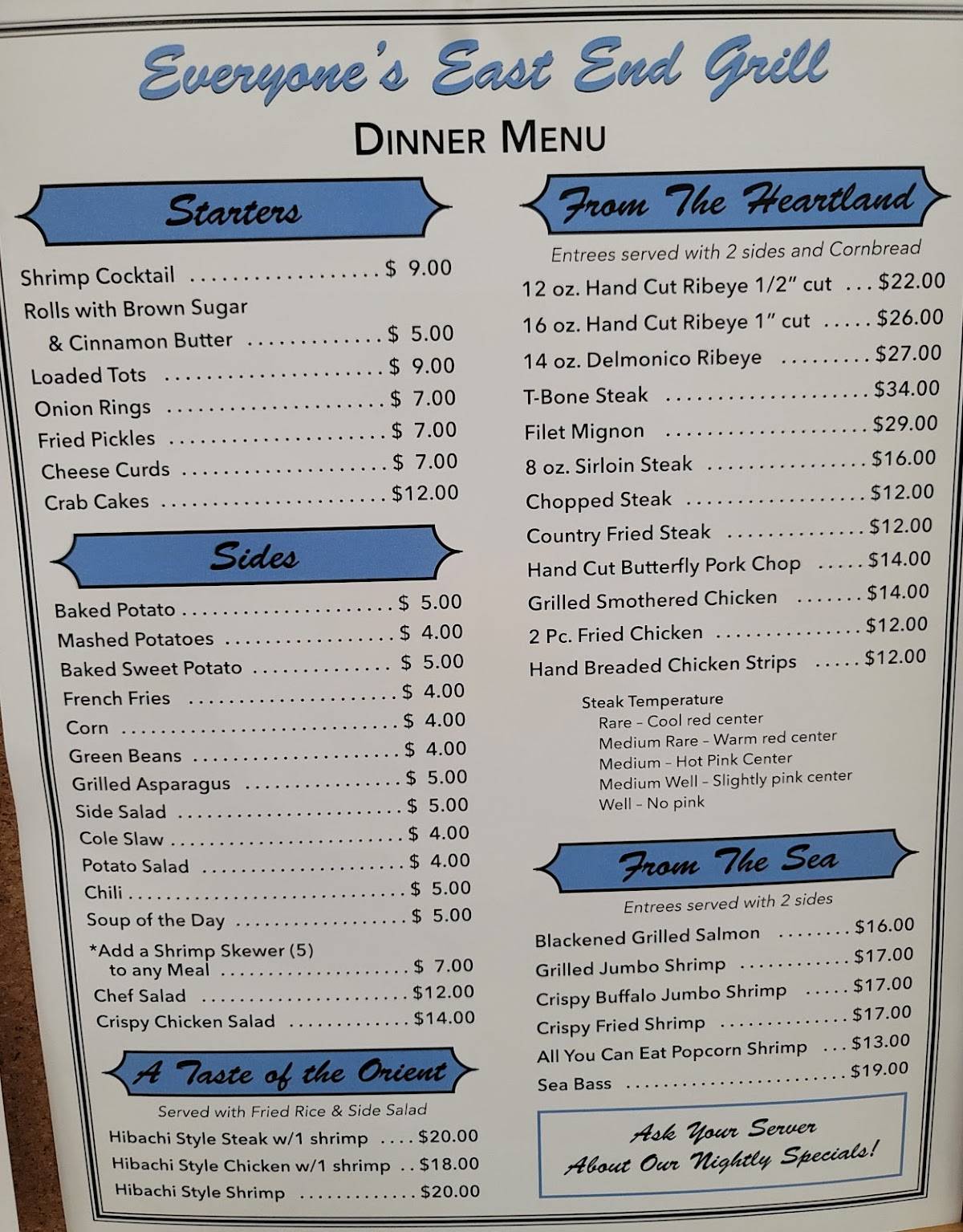 Menu at Everyone's East End Grill restaurant, Decatur, 910 S Airport Rd